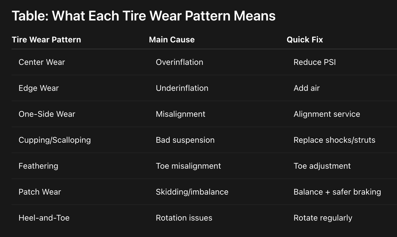 Smart Guide to Tire Wear Patterns: What They Mean & How to Fix Them